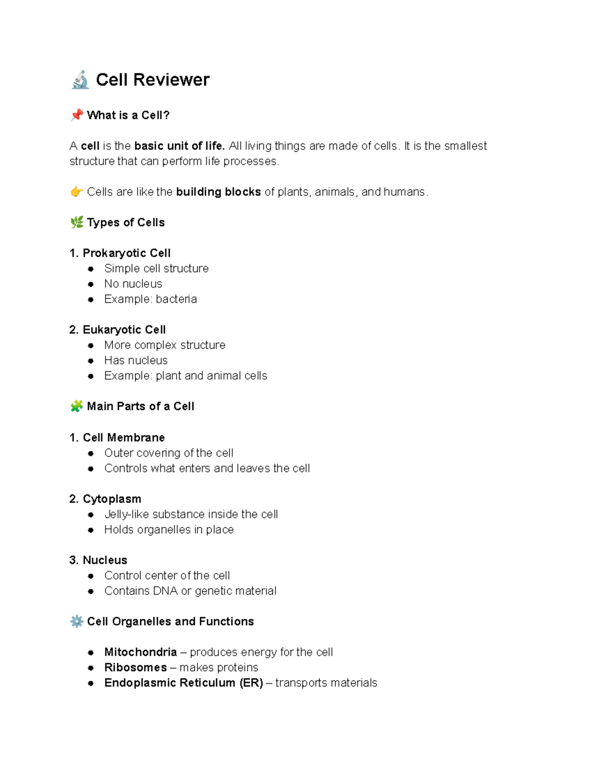 Cell Theory Reviewer: Understanding Cell Structure and Functions - Studocu