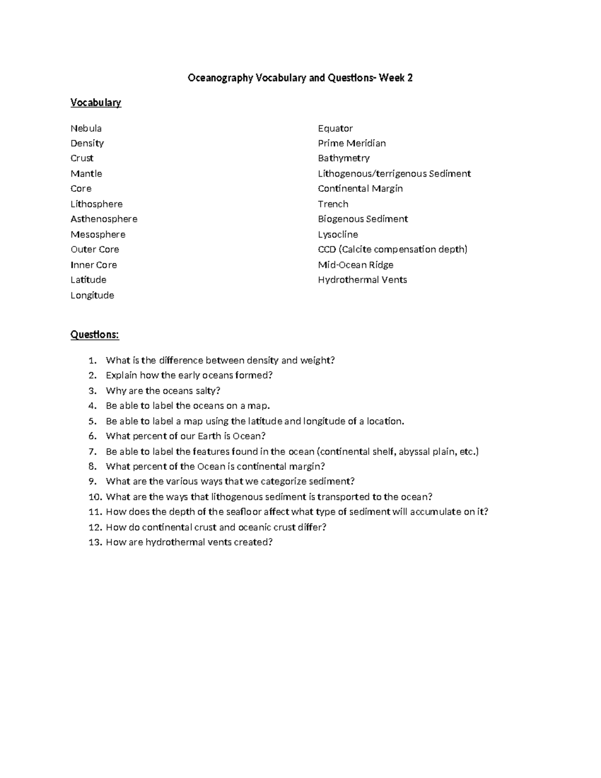 Oceanography Vocabulary & Questions - Week 2 Overview - Studocu