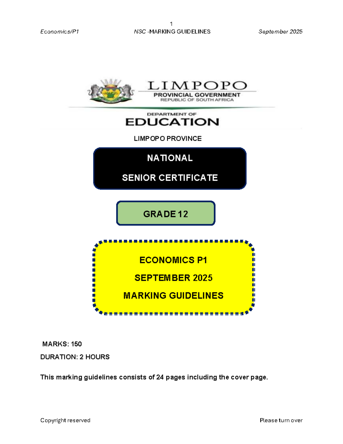 2025 NSC Economics P1 September Marking Guidelines for Grade 12 - Studocu