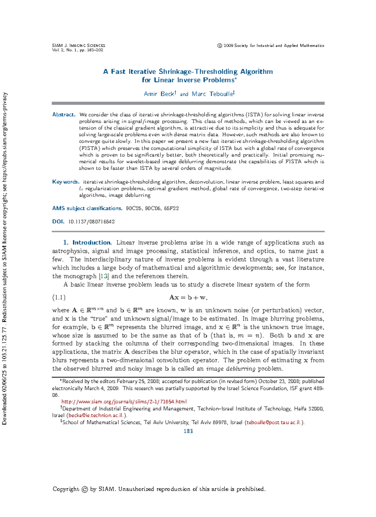 A Fast Iterative Algorithm for Linear Inverse Problems (FISTA) - Studocu