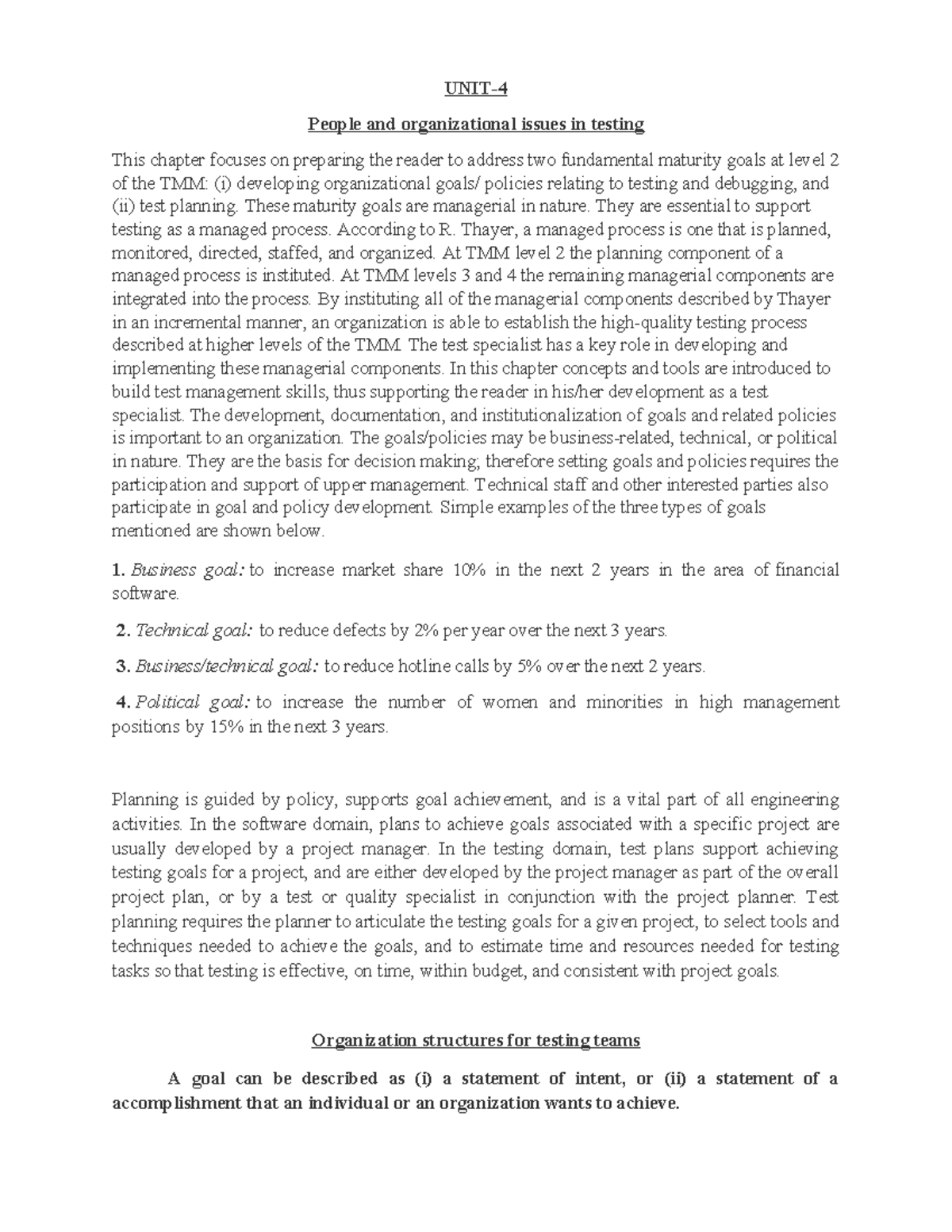 Final Unit-4 Notes: Test Management and Organizational Policies - Studocu