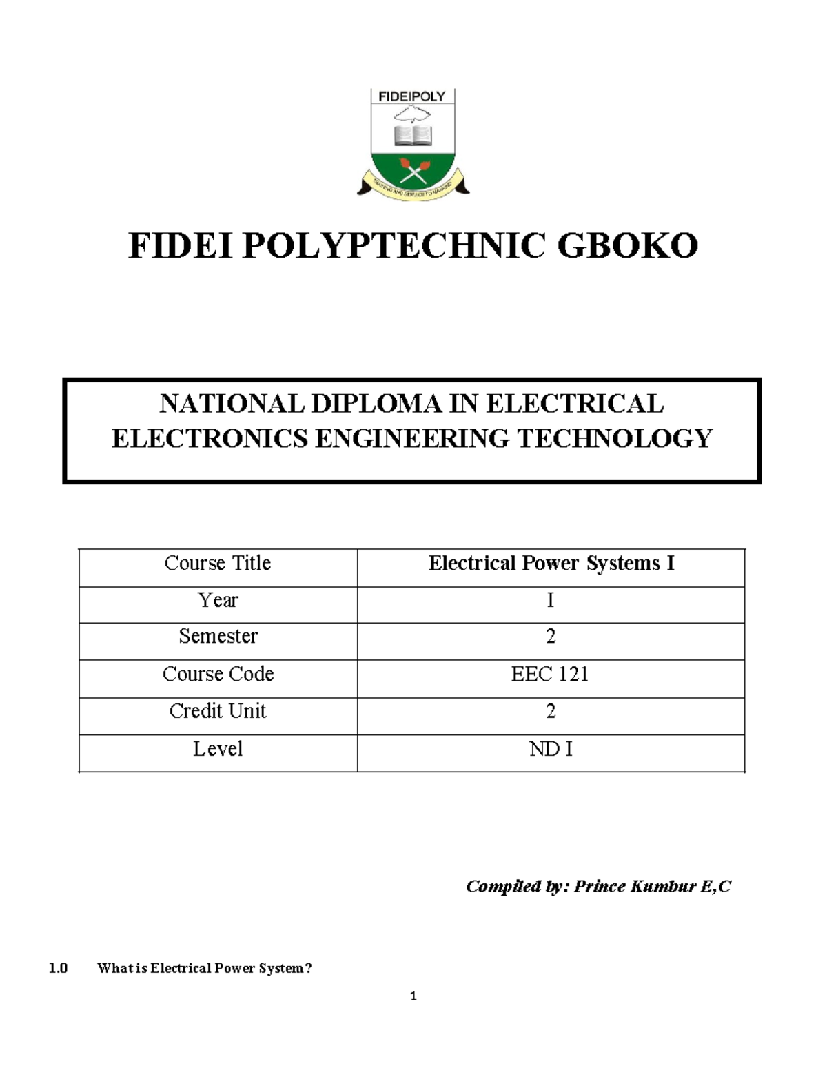 EEC 121 Electrical Power Systems I - Comprehensive Study Notes - Studocu