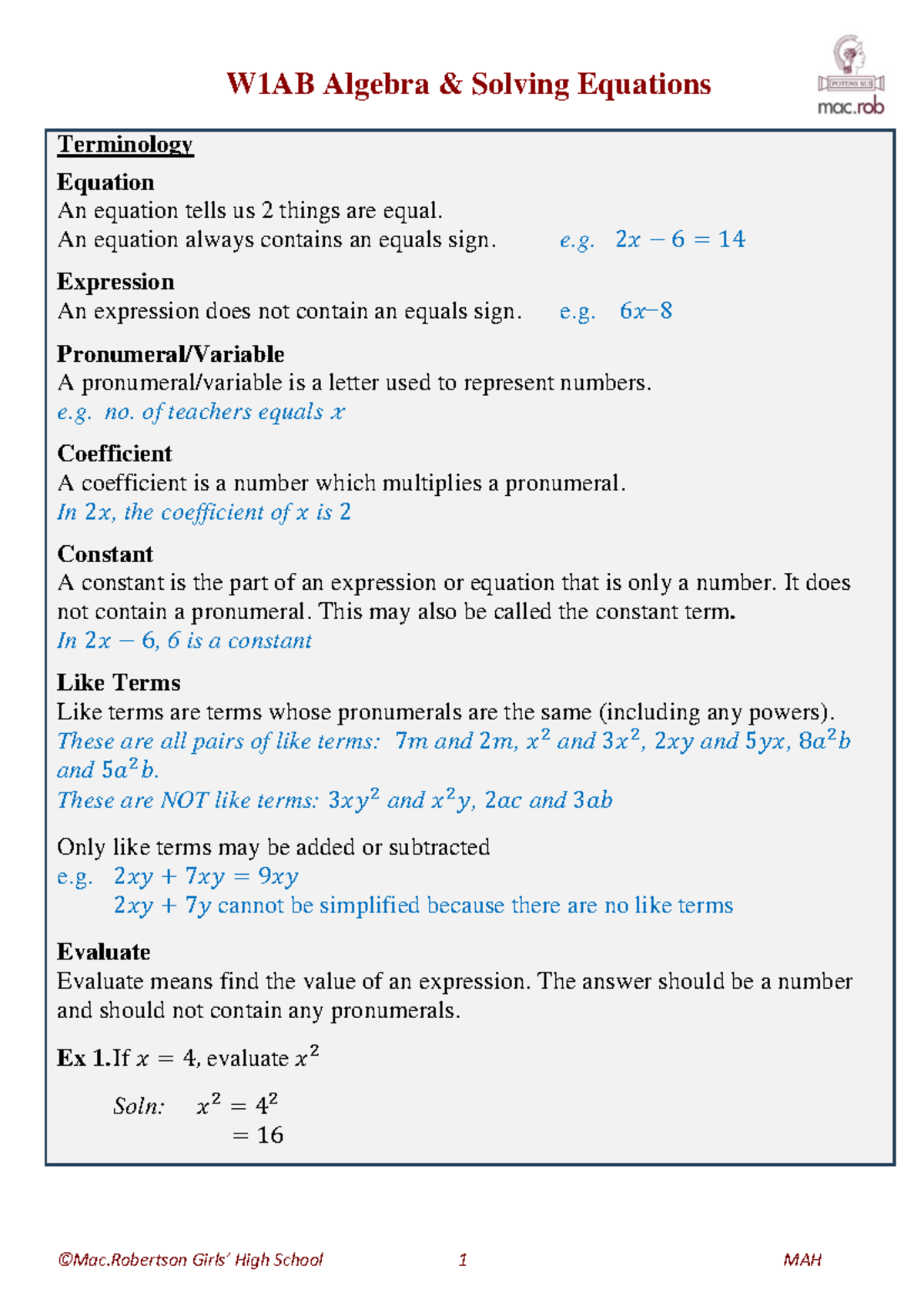 9Ma W1AB Algebra: Understanding Equations and Expressions - Studocu