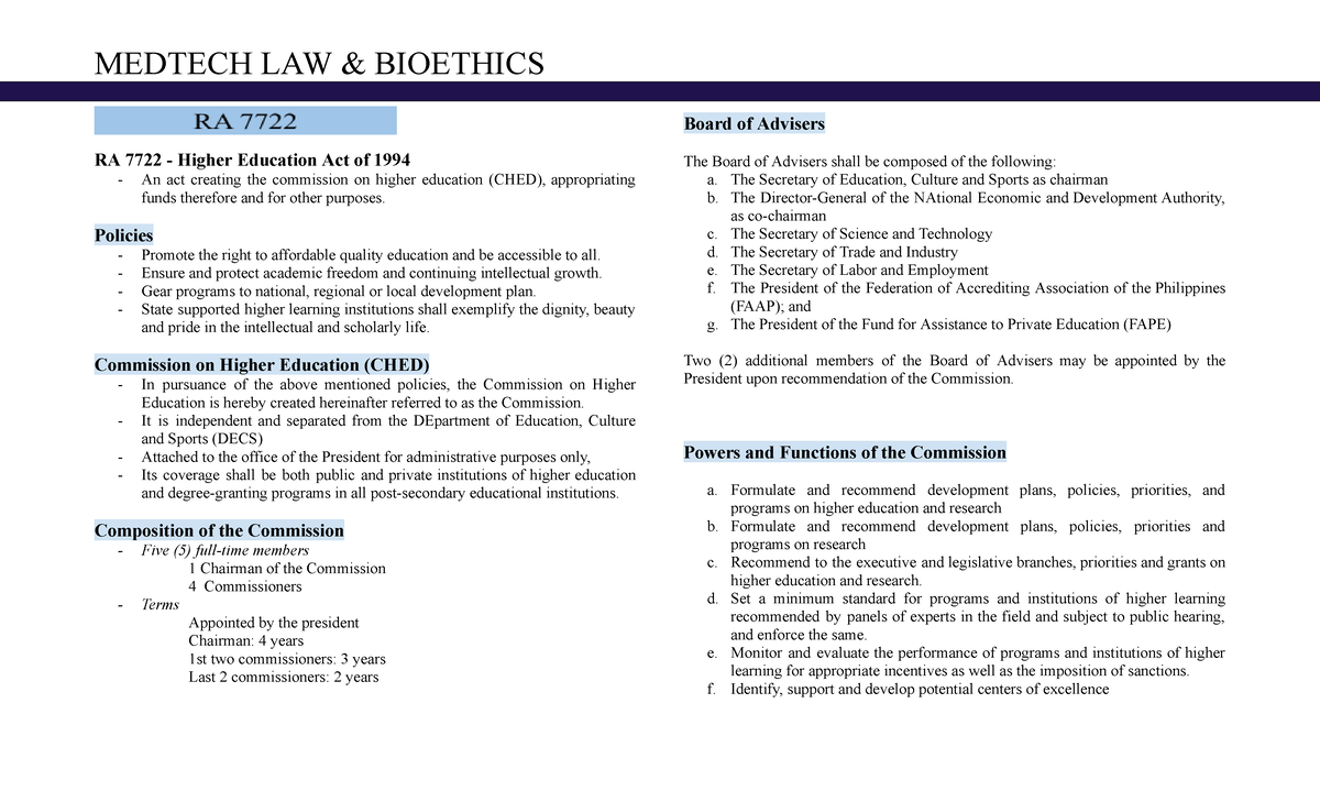 Medtech LAW RA 7722 - MEDTECH LAW & BIOETHICS RA 7722 - Higher ...