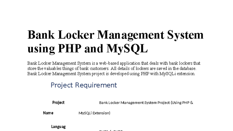 Bank Locker Management System Project (PHP & MySQL) - Studocu