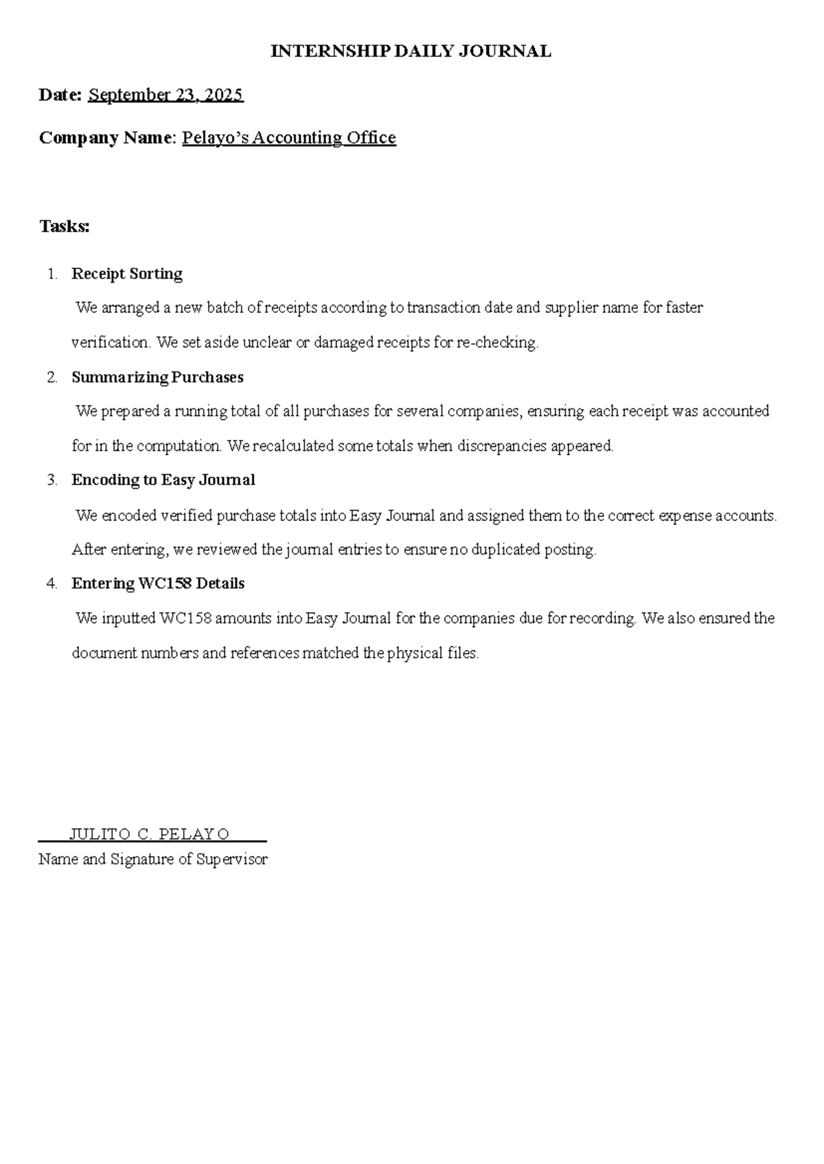 INTERNSHIP DAILY JOURNAL (ACCT 101) - September 2025 Activities - Studocu