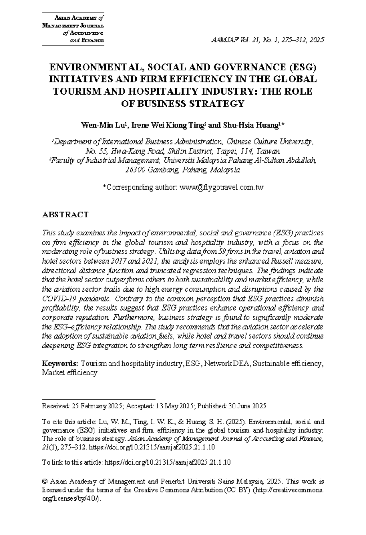 AAMJAF 21(1) Case Study: ESG Initiatives & Firm Efficiency in Global Tourism - Studocu