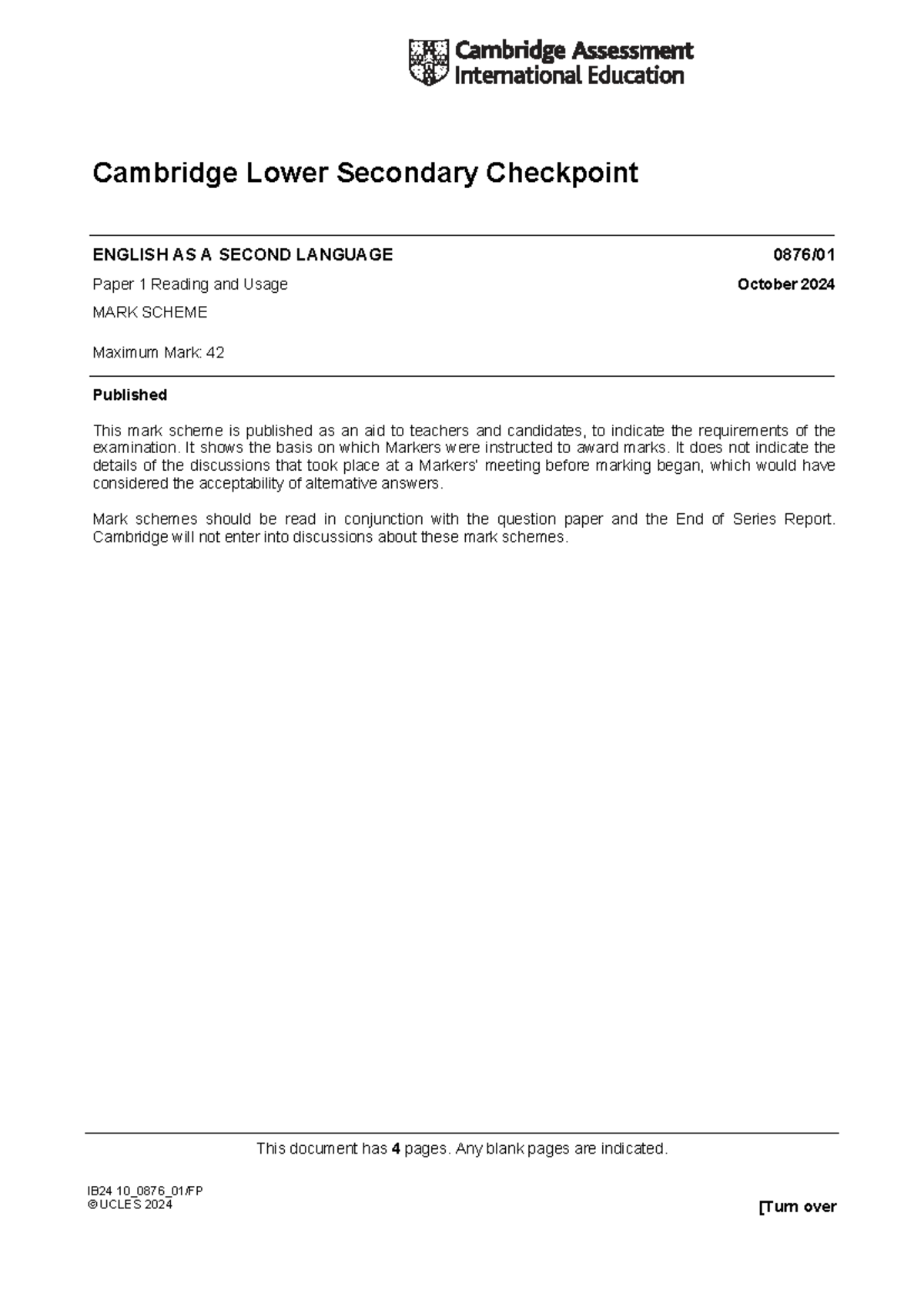 Cambridge Lower Secondary Checkpoint ESL Paper 1 Reading MS Oct 2024 ...