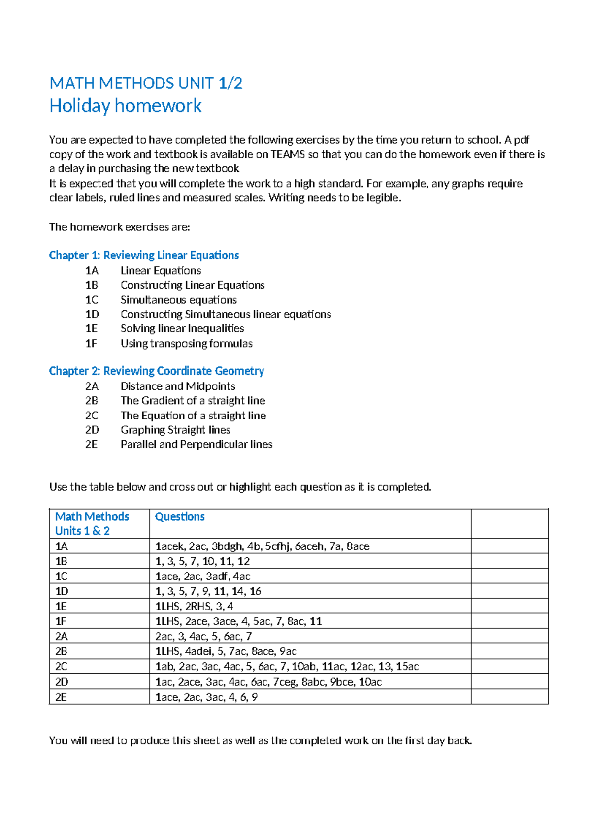 MATH METHODS 11 Holiday Homework: Exercises for Unit Completion - Studocu