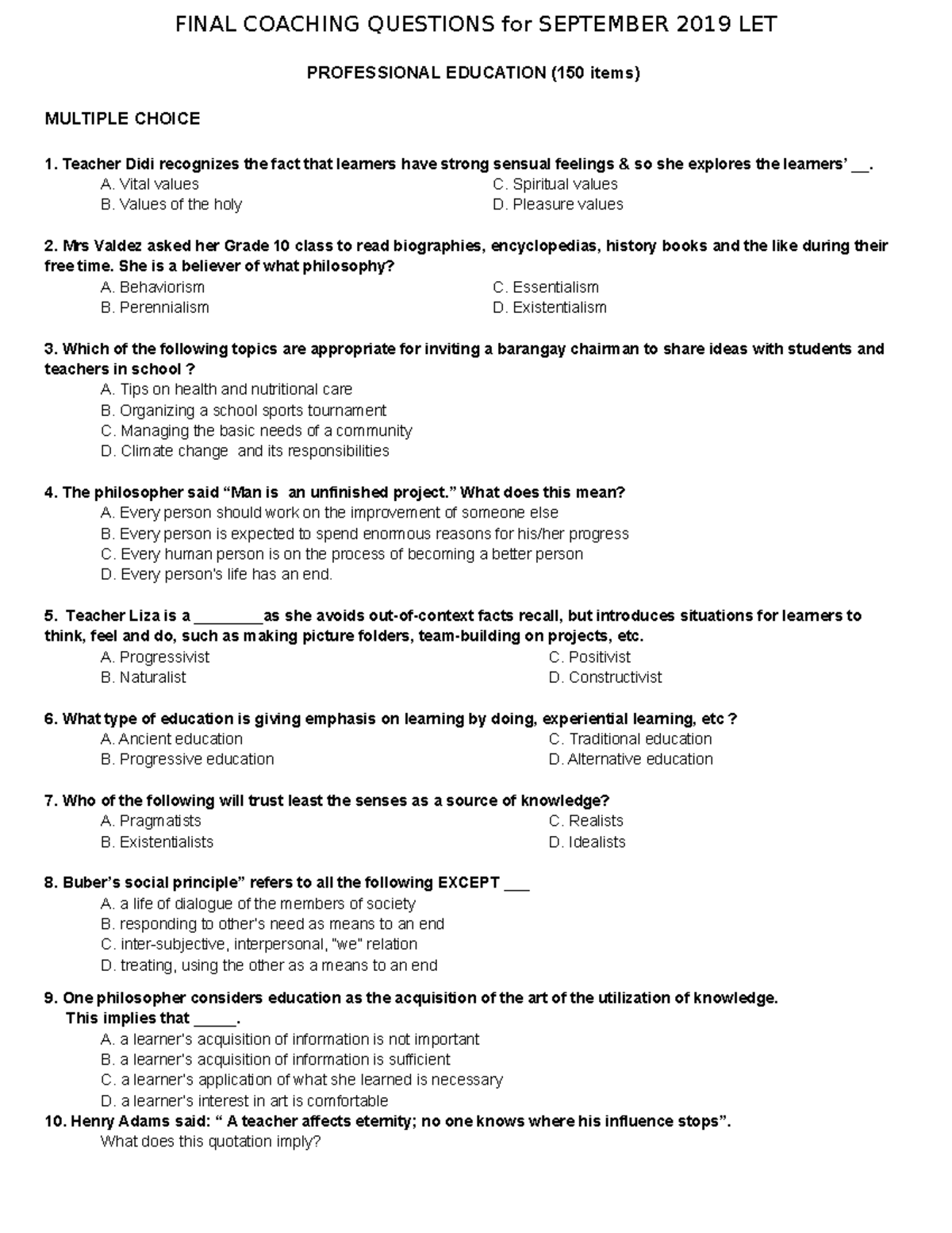 LET Final Coaching Questions for September 2019 Exam Prep - Studocu