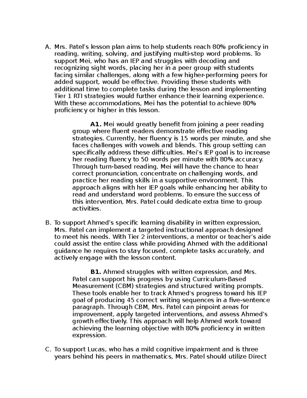 D152 Performance Assessment - A. Mrs. Patel’s lesson plan aims to help ...