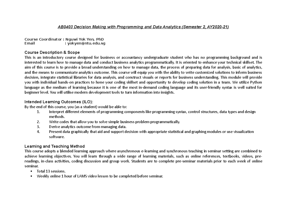 Course Outline - AB0403 Decision Making with Programming and Data Analytics (Semester 2, AY2020 ...