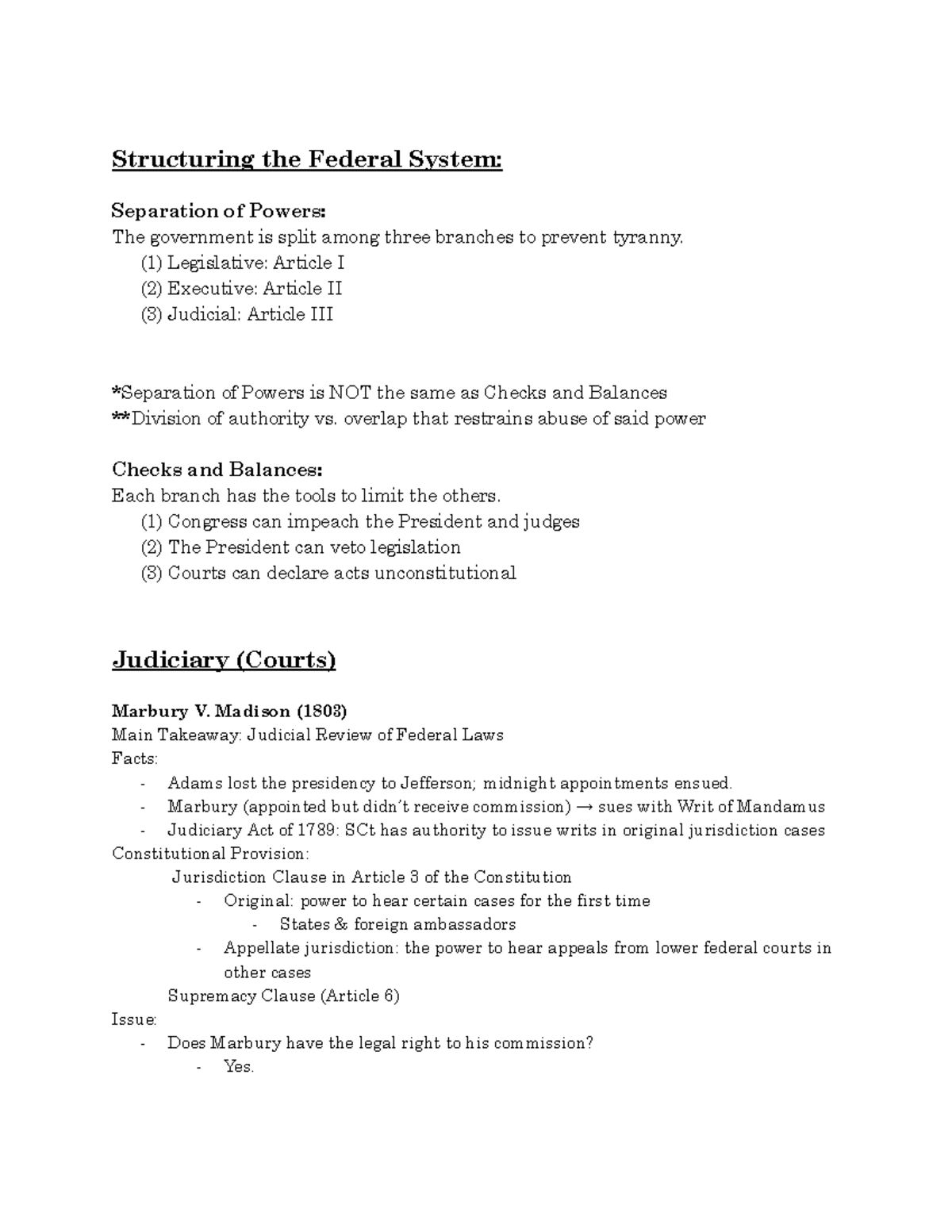 Constitutional Law Midterm Notes: Separation of Powers & Judicial ...