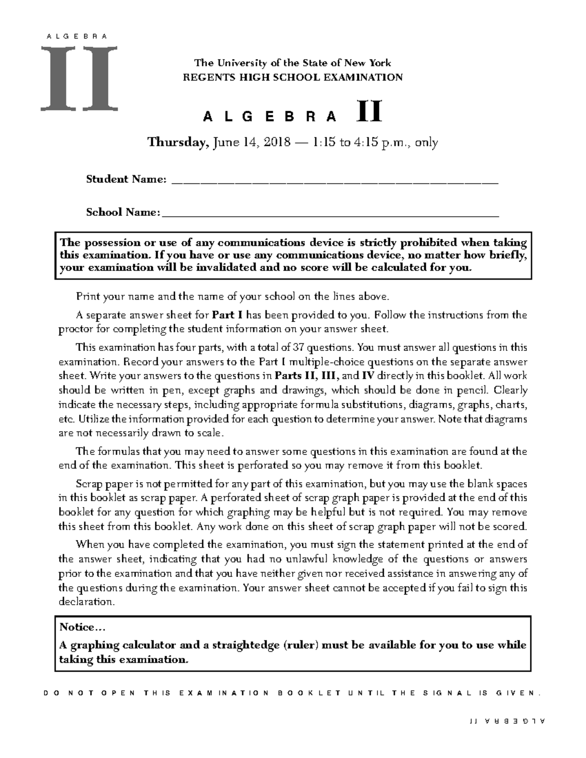 ALGEBRA II REGENTS EXAMINATION - JUNE 2018 - Studocu