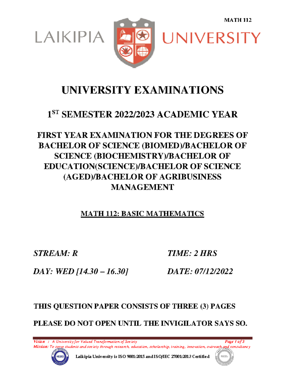 MATH 112 - Basic Mathematics - MATH 112 Vision : A University for Valued Transformation of ...