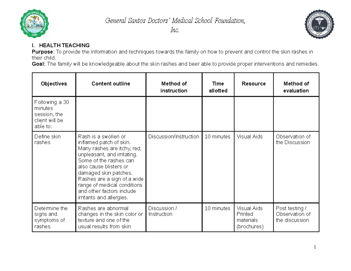 Health- Teaching- Sample - I. HEALTH TEACHING Purpose: To provide the ...