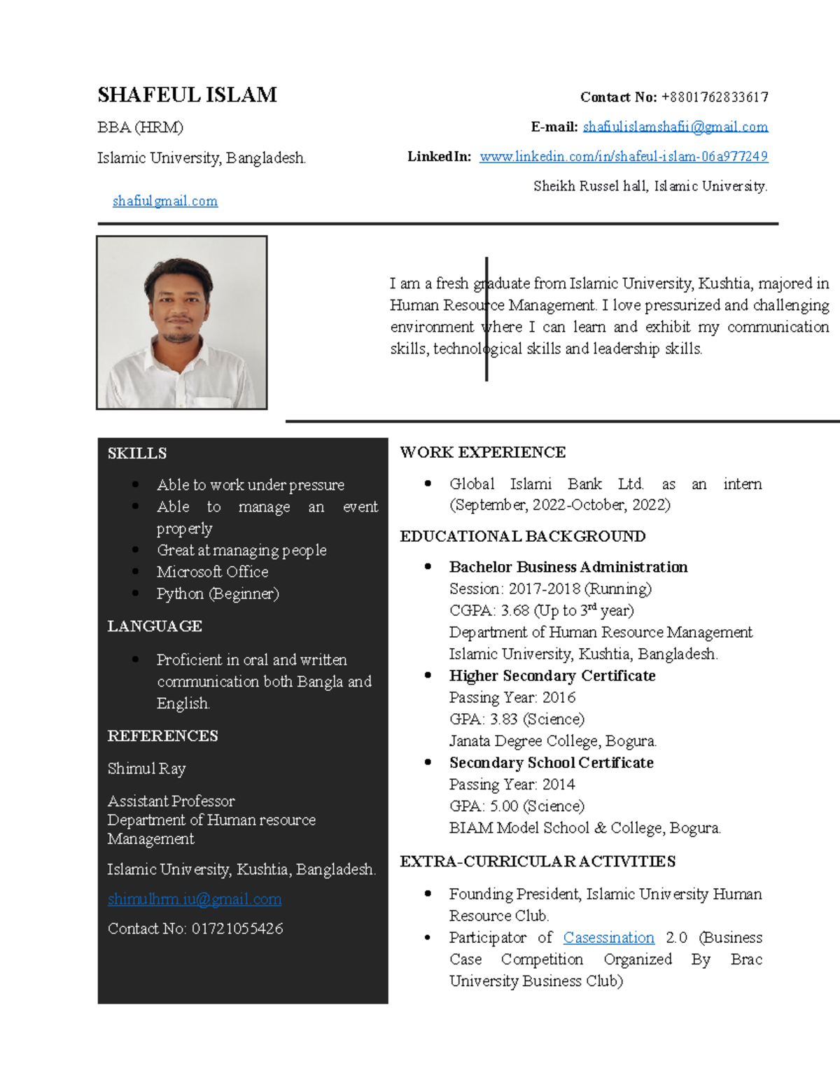 BBA HRM CV of Shafeul Islam - Islamic University Graduate - Studocu