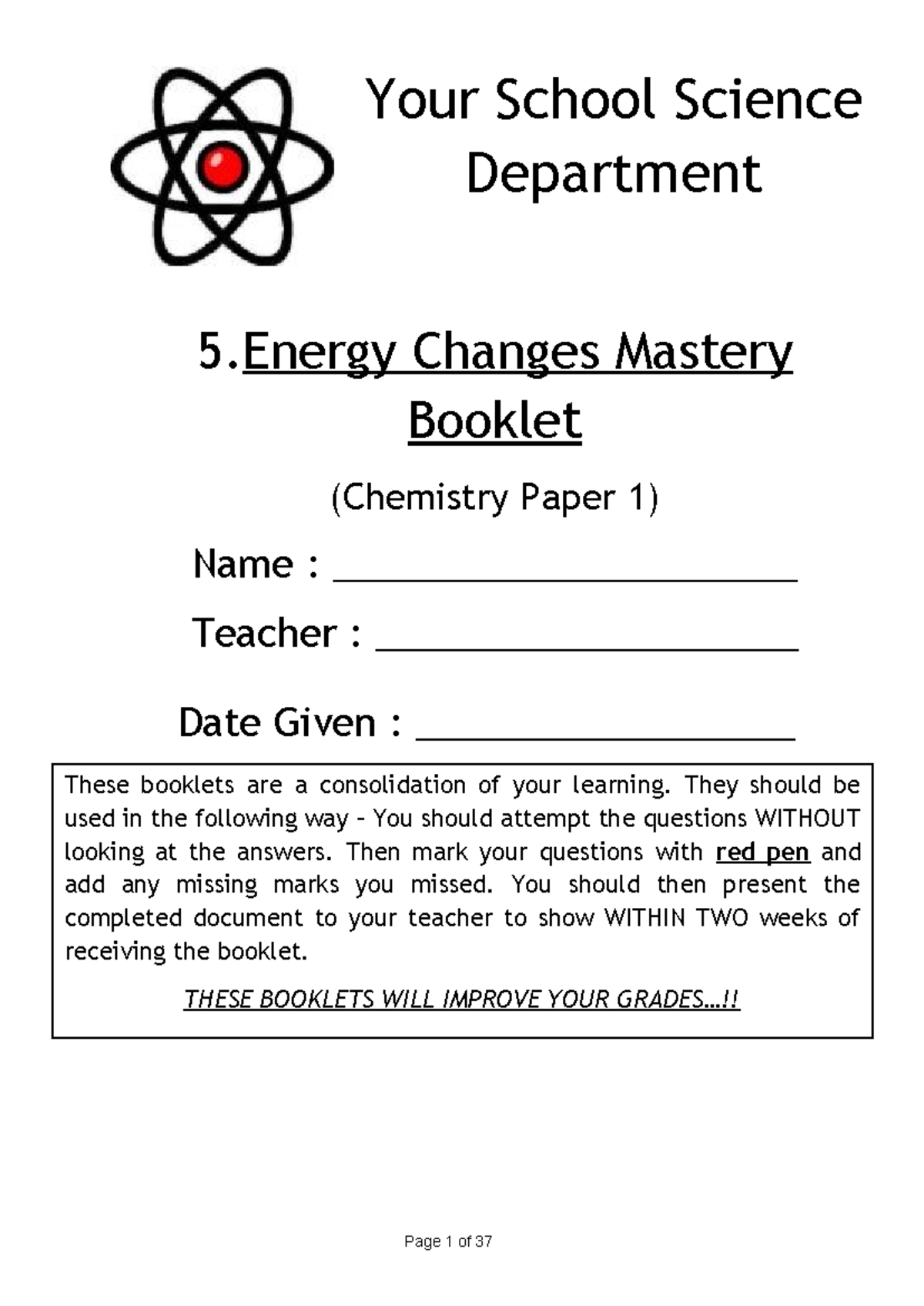 Chemistry Practice Questions - Energy Changes (Chemistry Paper 1) - Studocu