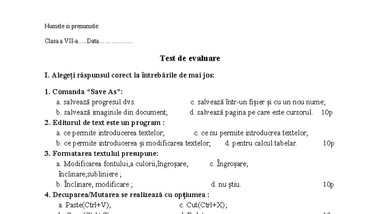 Test de Evaluare I - Clasa A7A - Microsoft Word - Studocu