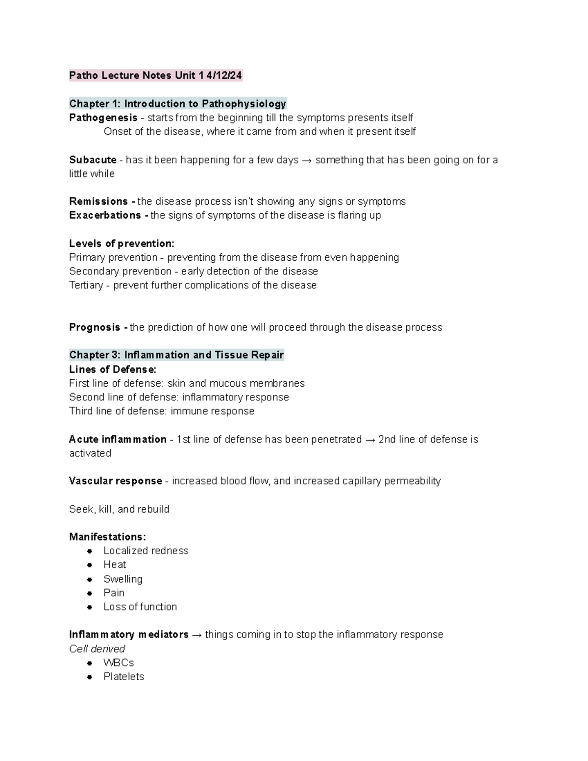 Patho Lecture Notes 4 12 24 - Patho Lecture Notes Unit 1 4/12/ Chapter ...