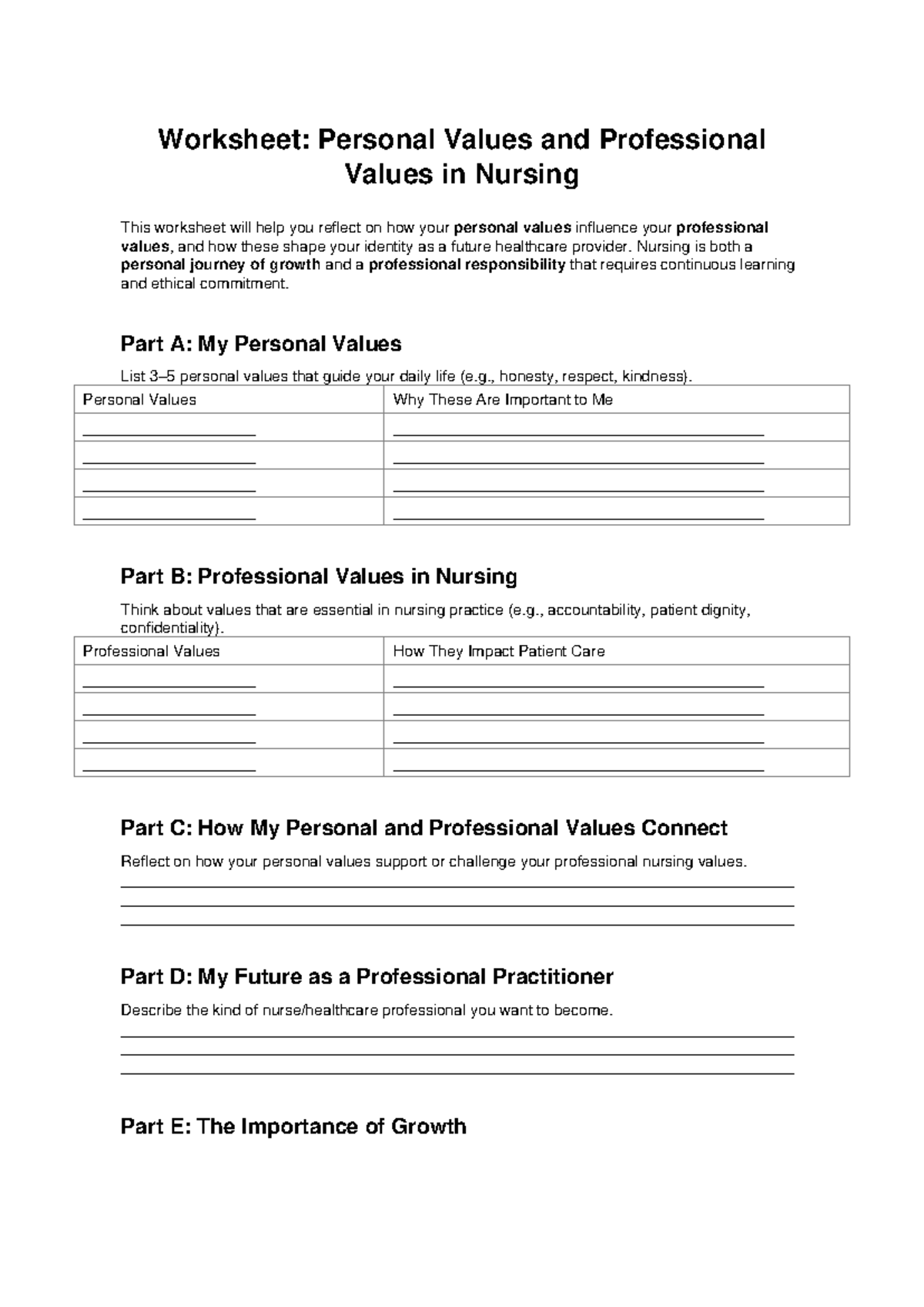 NUR 101: Personal and Professional Values Worksheet - Studocu