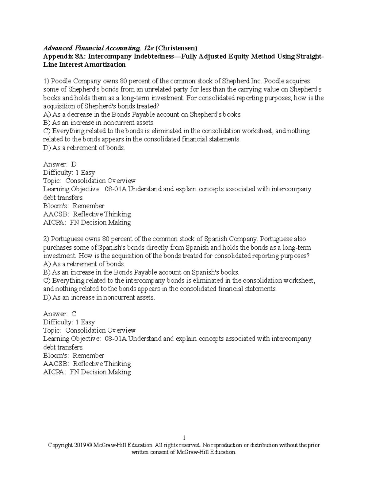 Christensen 12e Appendix 08A TB Consolidation Answer Key Analysis - Studocu