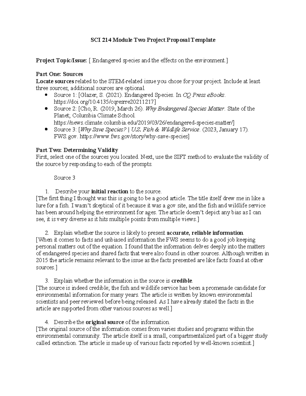 SCI 214 Module Two Project Proposal on Endangered Species Effects - Studocu