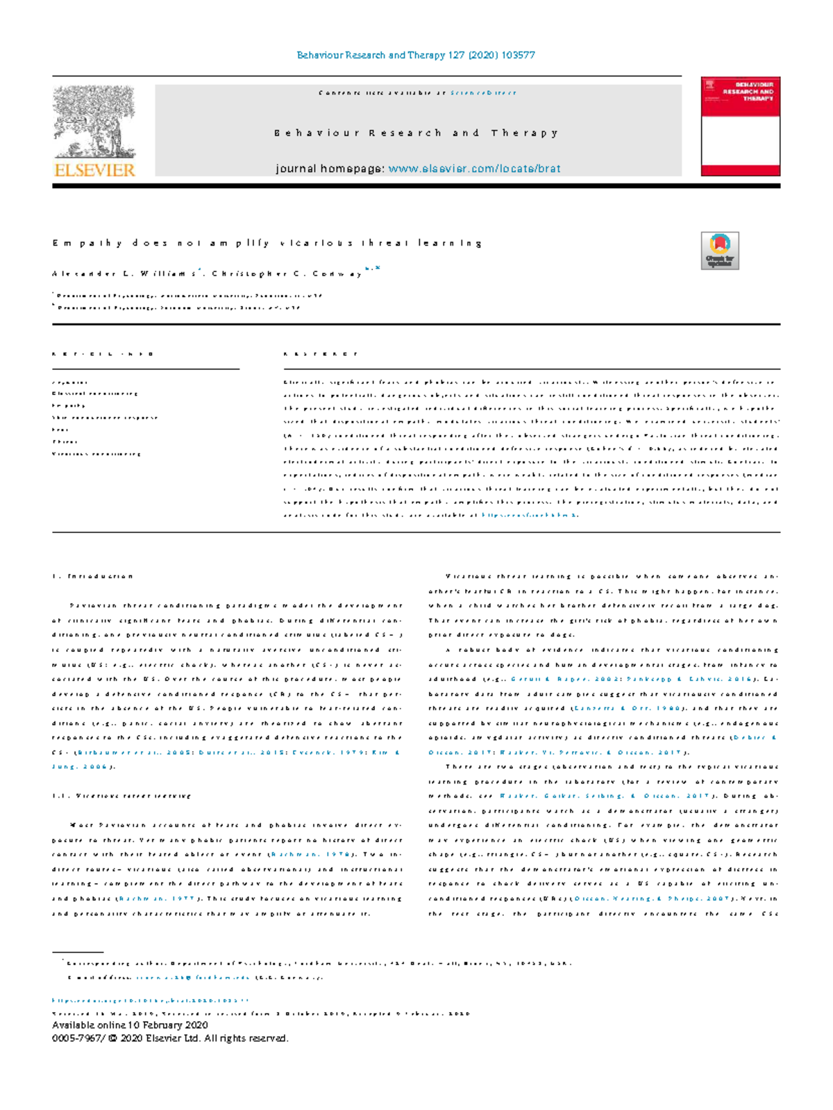 Empathy and Vicarious Threat Learning: Insights from Psychology 127 ...