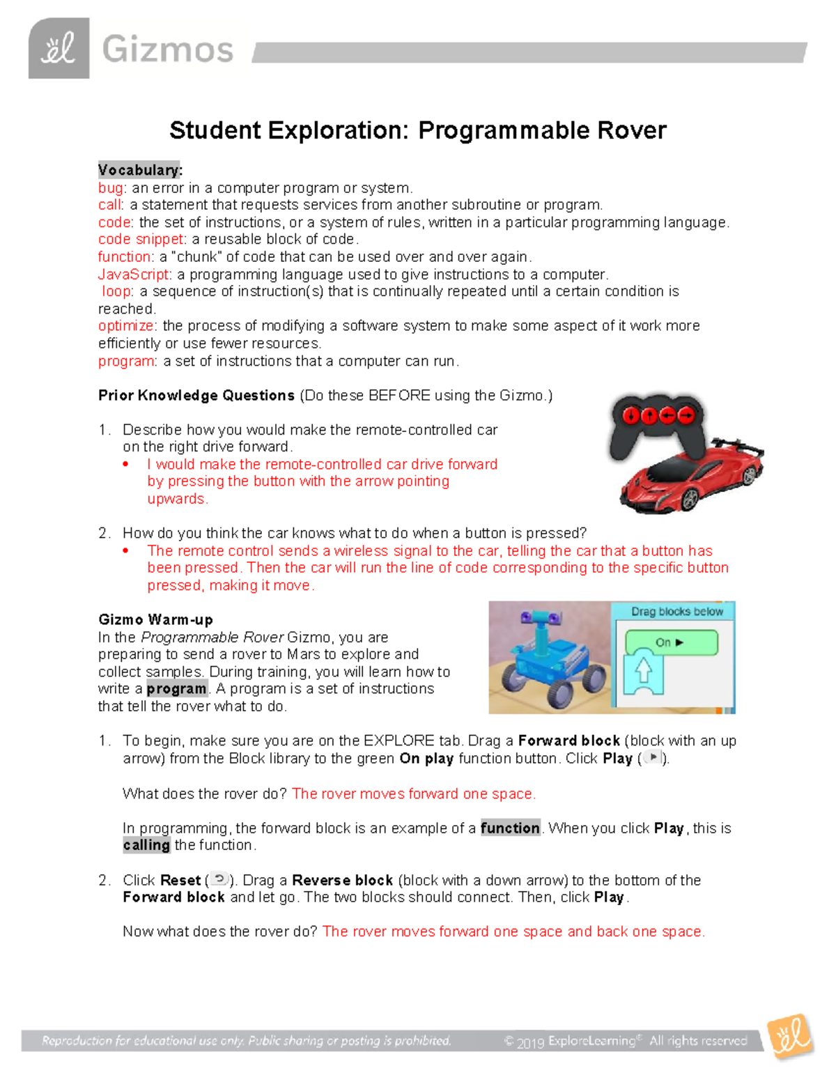 Student exploration: programmable rover gizmo vocabulary and tasks - Studocu