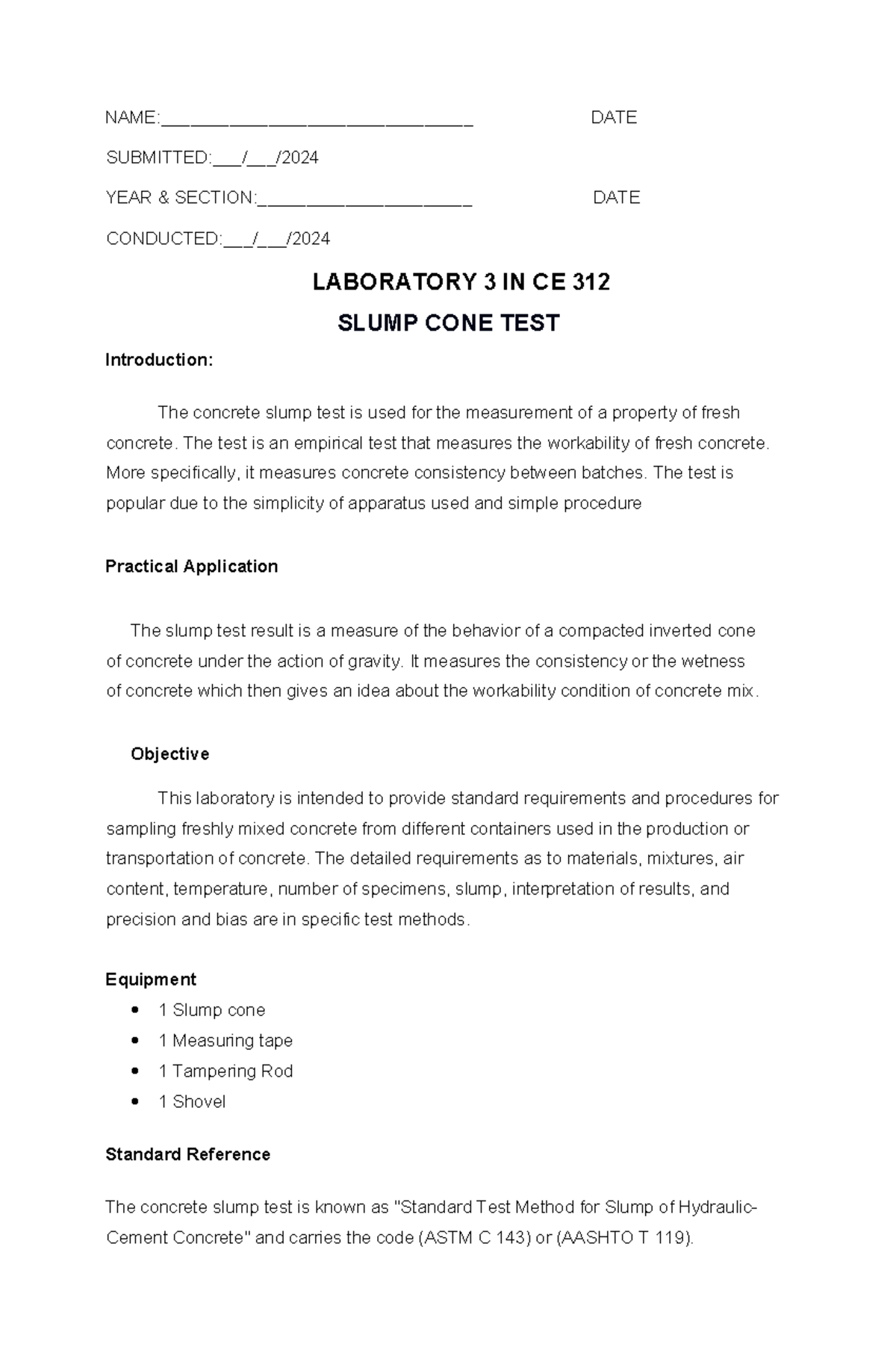 Lab 3 - Slump Cone Test in CE 312: Procedures and Results - Studocu