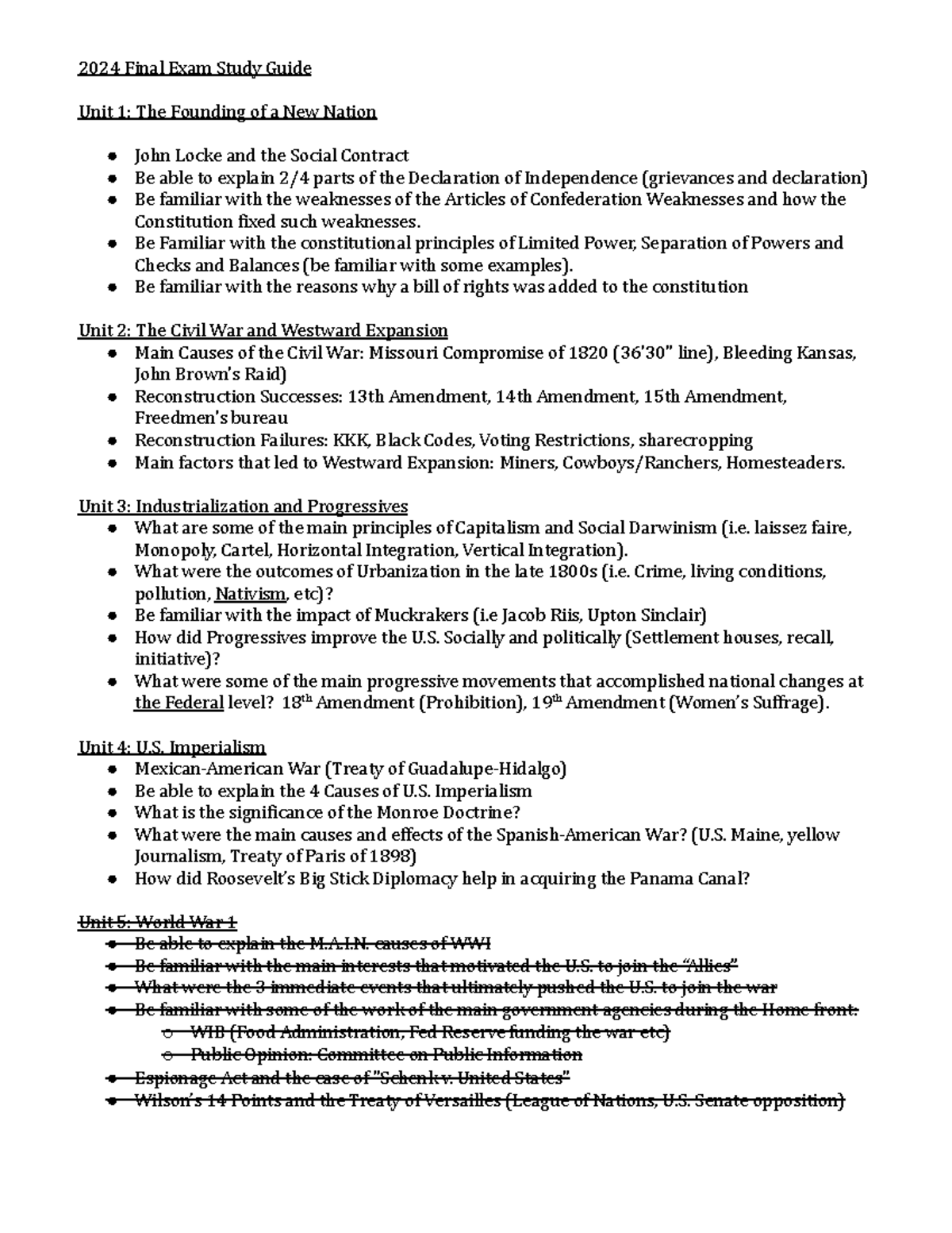 2024 U.S. History Final Exam Study Guide: Key Topics & Concepts - 2024 Final Exam Study Guide ...