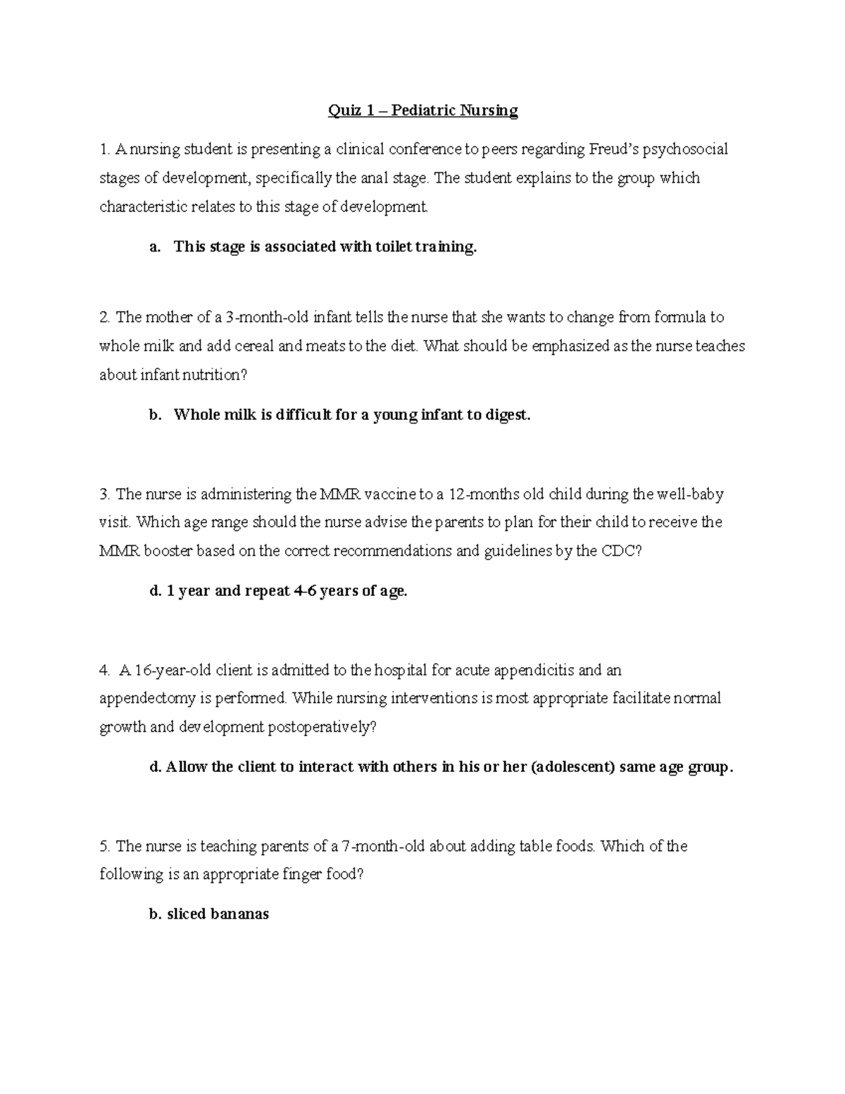 Peds 101 - Quiz 1 Practice for Pediatric Nursing Students - Studocu