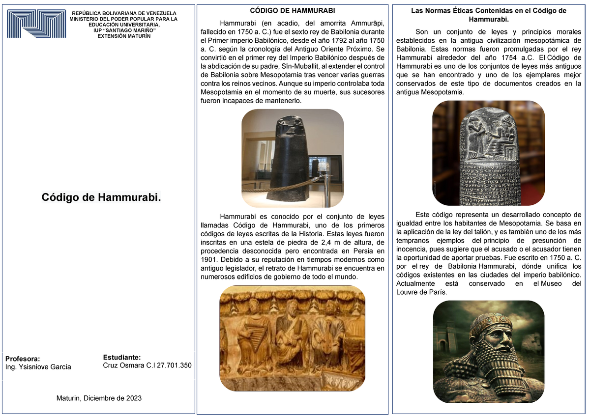Triptico del Código de Hammurabi: Ética y Legislación Antigua - Studocu