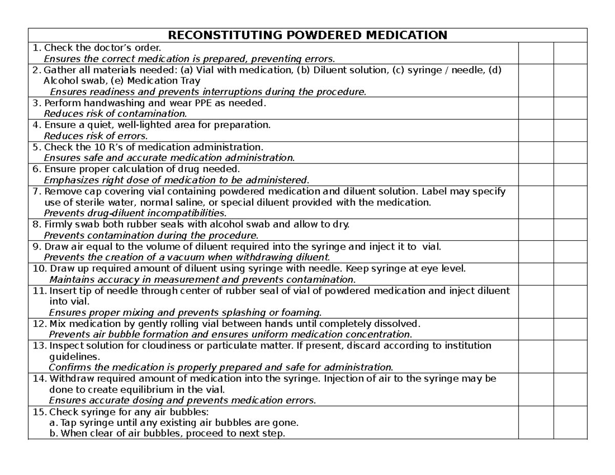 Medication Checklists - RECONSTITUTING POWDERED MEDICATION Check the ...
