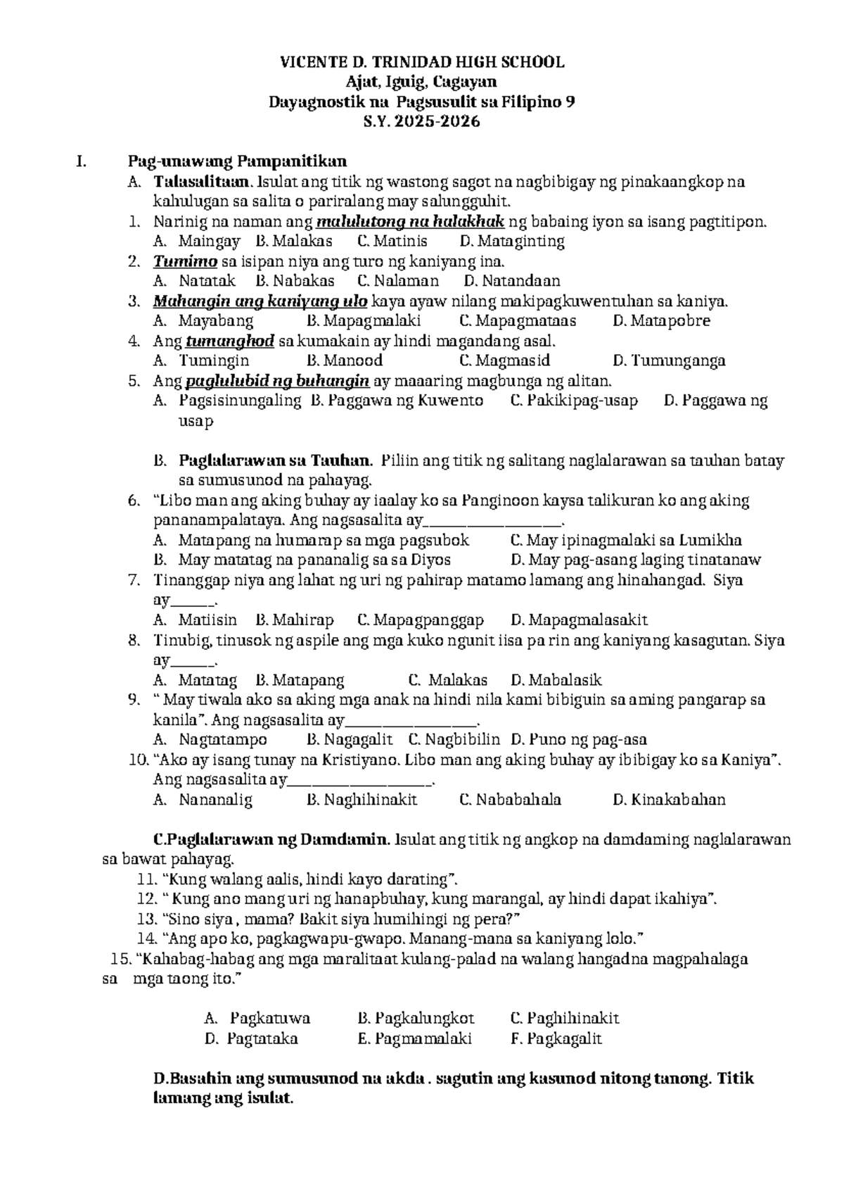 Diagnostic Test in Filipino IX: Vocabulary and Comprehension - Studocu