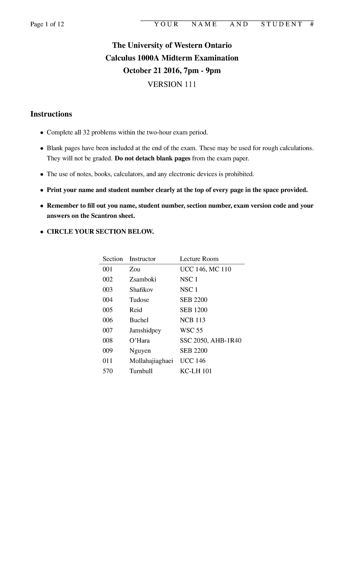 2016 Midterm - The University of Western Ontario Calculus 1000A Midterm ...