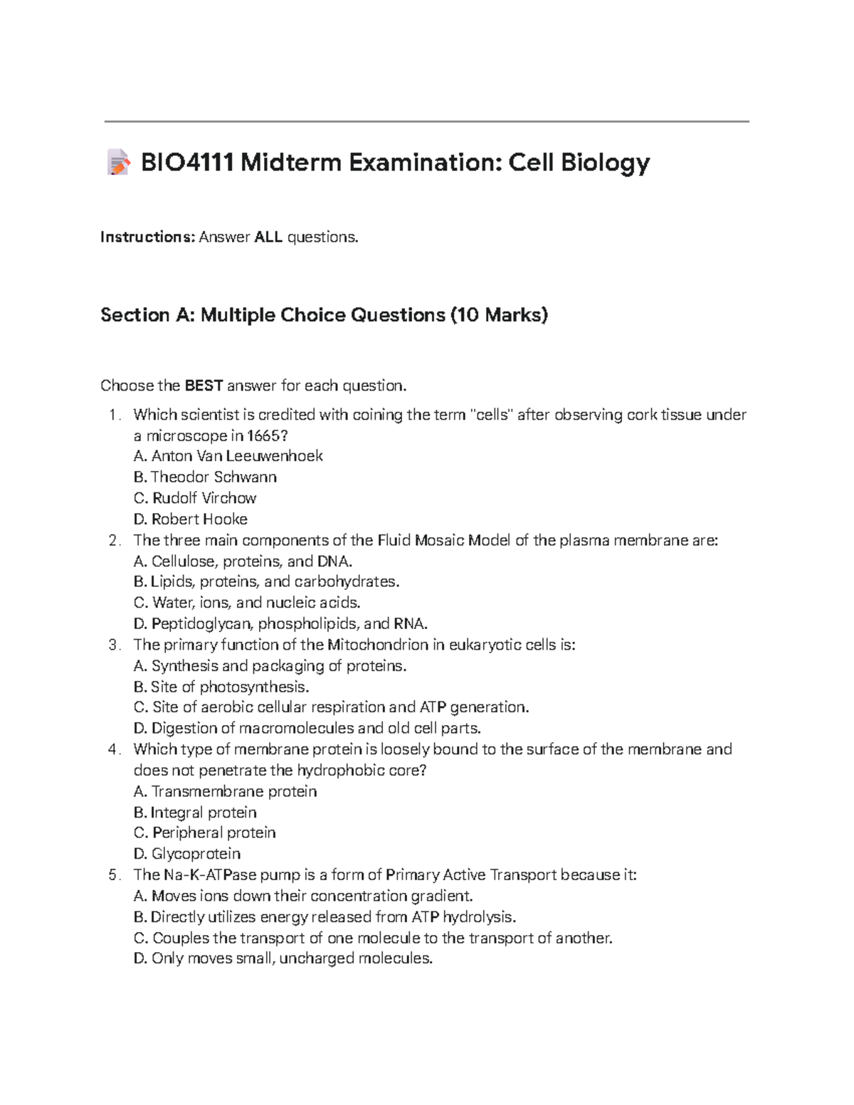 Bio411 Midterm Exam: Cell Structure & Function MCQs and Essay - Studocu