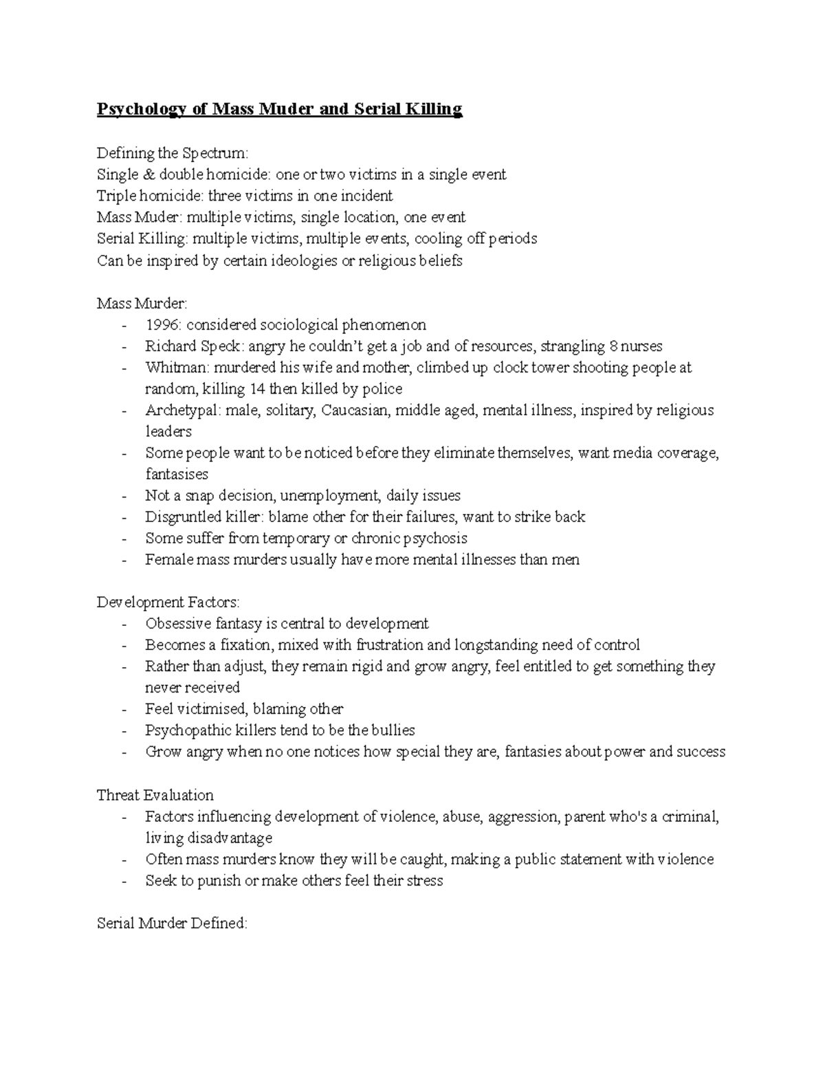 Psychology of Mass Murder & Serial Killing: Defining the Spectrum - Studocu