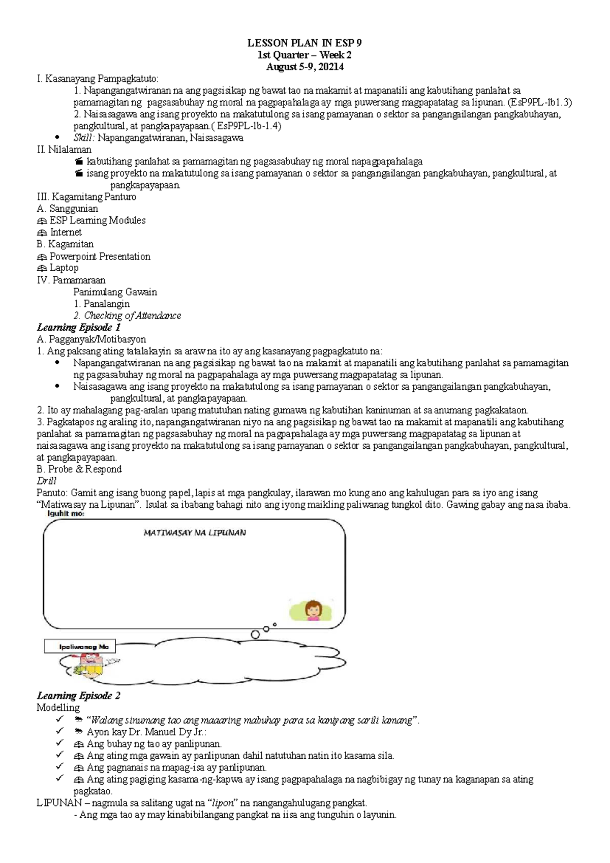 Lesson Plan in ESP 9 - 1st Quarter, Week 2 Activities and Objectives - Studocu