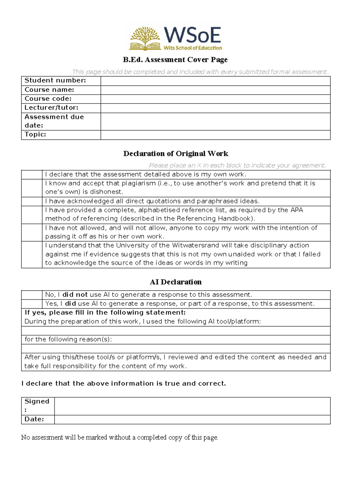 B.Ed. Assessment Cover Page & Declaration of Original Work - Studocu