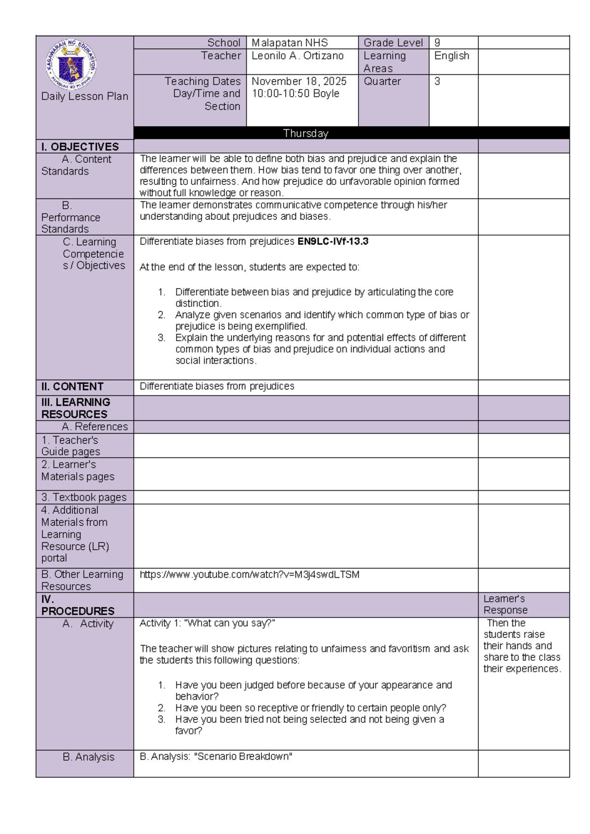 Lesson Plan: Understanding Prejudice and Bias (Grade 3, English) - Studocu