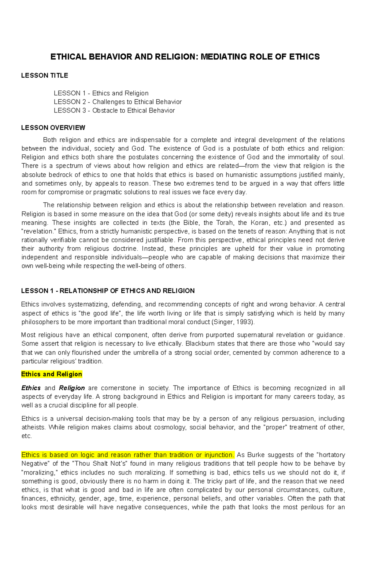 Ethical Behavior and Religion: Insights and Challenges in Ethics Lesson ...