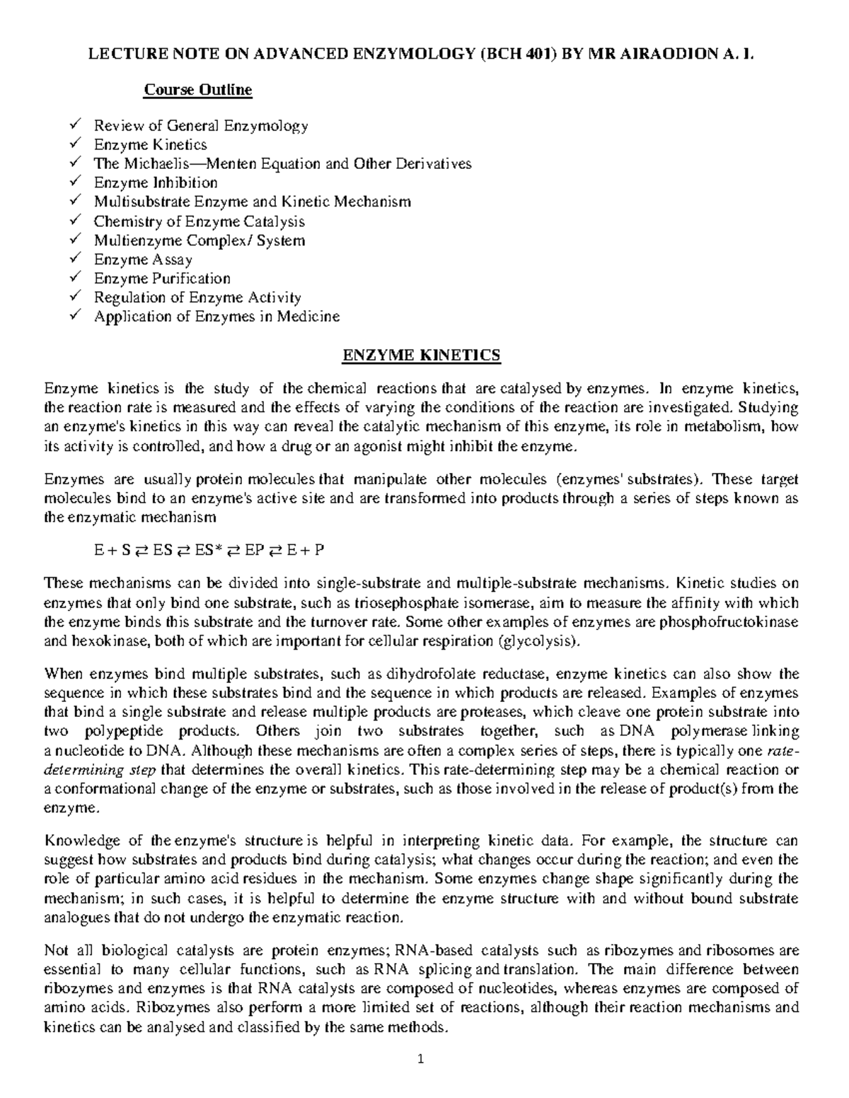 Lecture Notes on Advanced Enzymology (BCH 401) by Augustine I ...