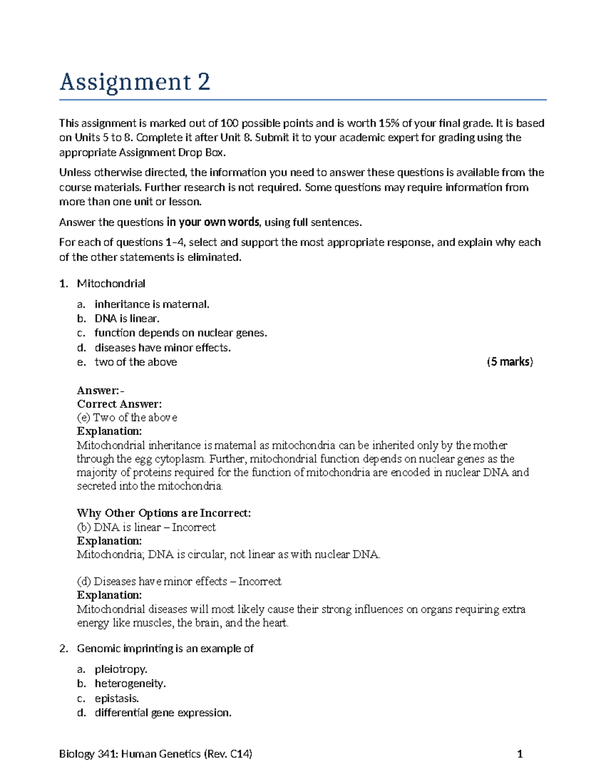 Biology 341: Human Genetics - Assignment 2 Overview and Analysis - Studocu