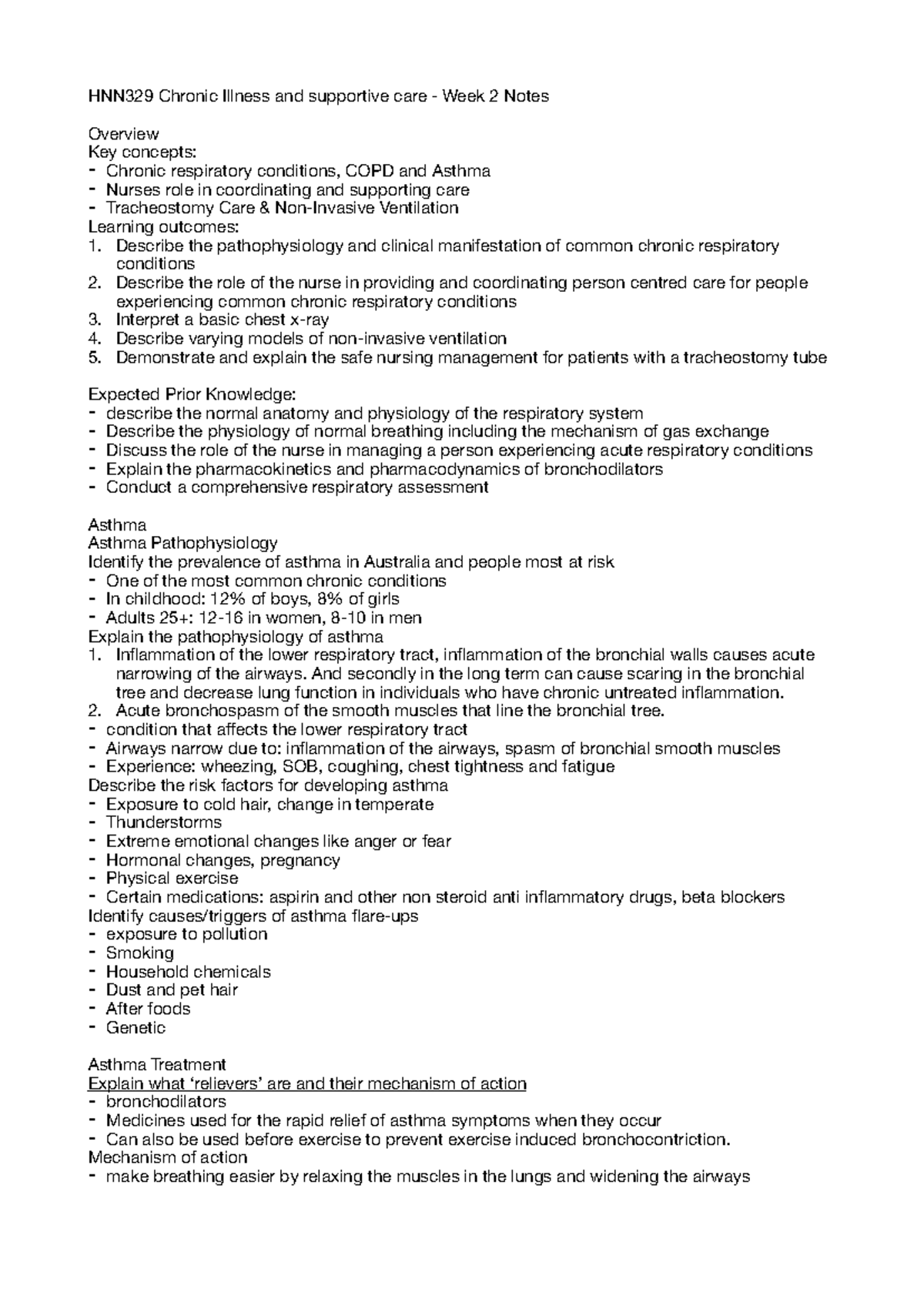 HNN329 Week 2 Notes: Chronic Respiratory Conditions & Nursing Care ...