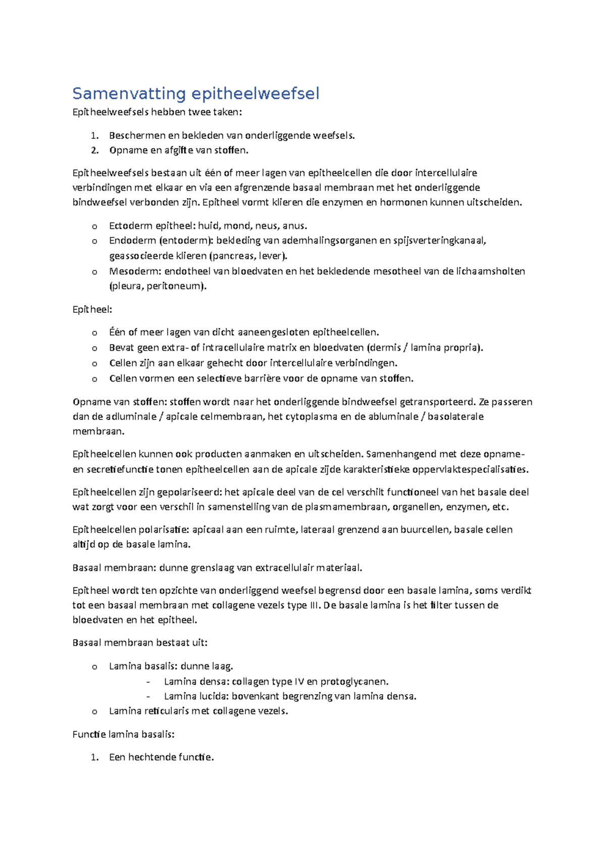Samenvatting van Epitheelweefsel Functies en Kenmerken - Studeersnel