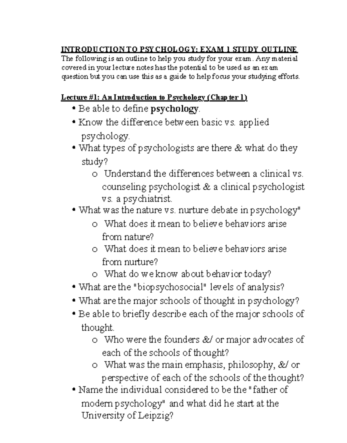 Intro to Psychology - Study Guide Hybrid Exam 1 [Fall 2020](2 ...