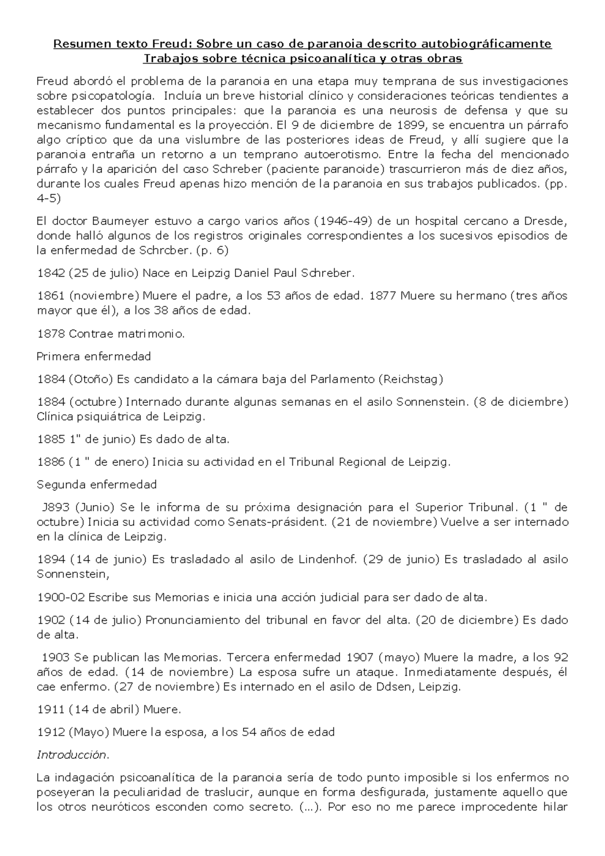 Resumen del Caso Schreber en Freud: Paranoia y psicoanálisis - Studocu