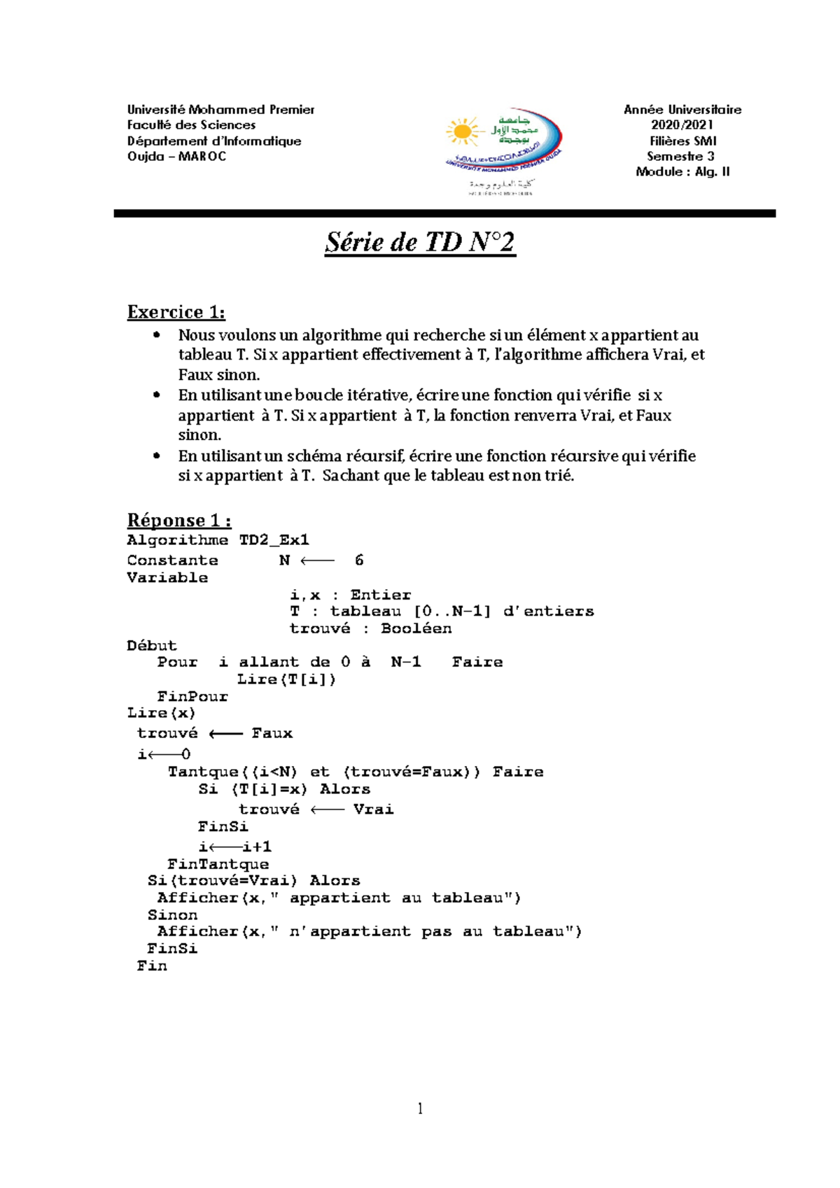 Algorithmique-Correction TD Série 2 SMI-S3 - - Studocu