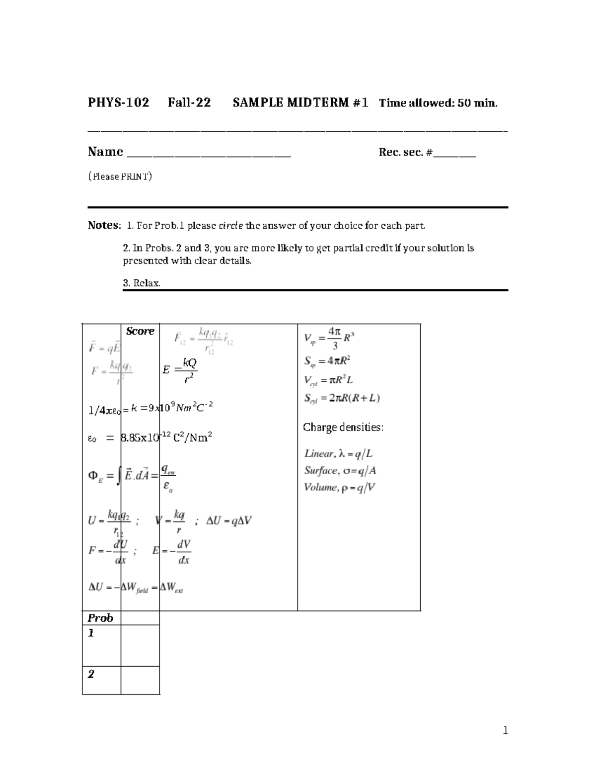 PHYS-102 Sample Midterm Exam 1 - Fall 2022 Guidance and Problems - Studocu